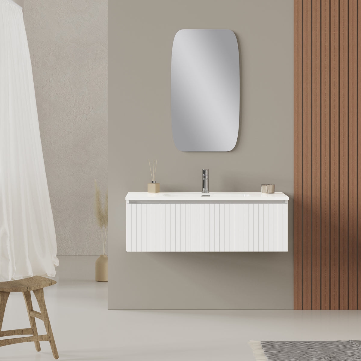 Linea Matt White Fluted Wall Hung Vanity Unit Including Basin 1000mm x ...