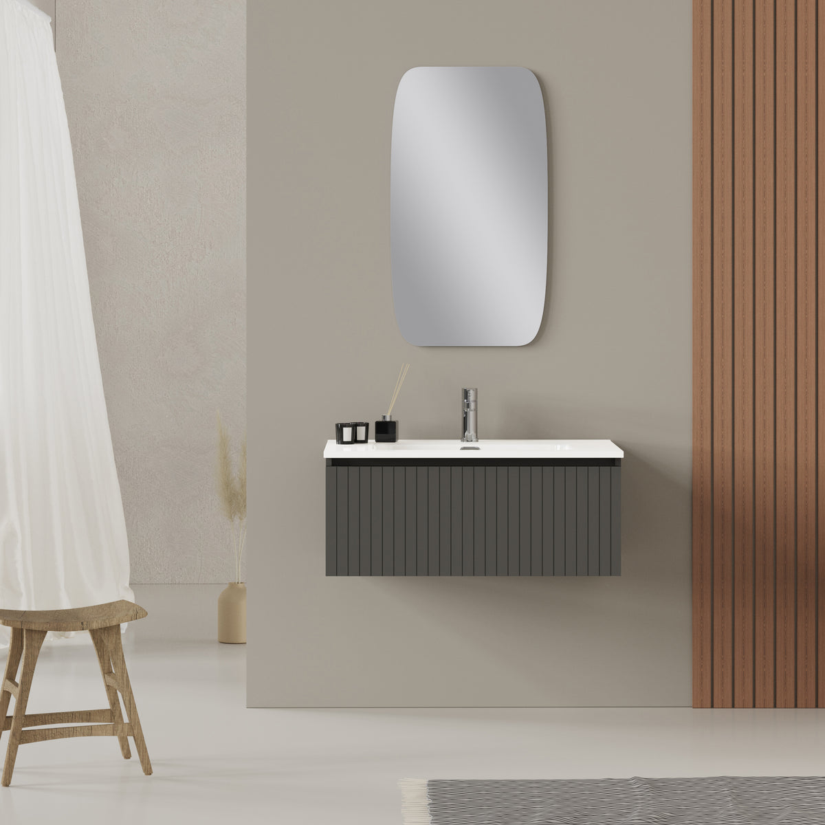 Linea Matt Grey Fluted Wall Hung Vanity Unit Including Basin 800mm x 4 ...