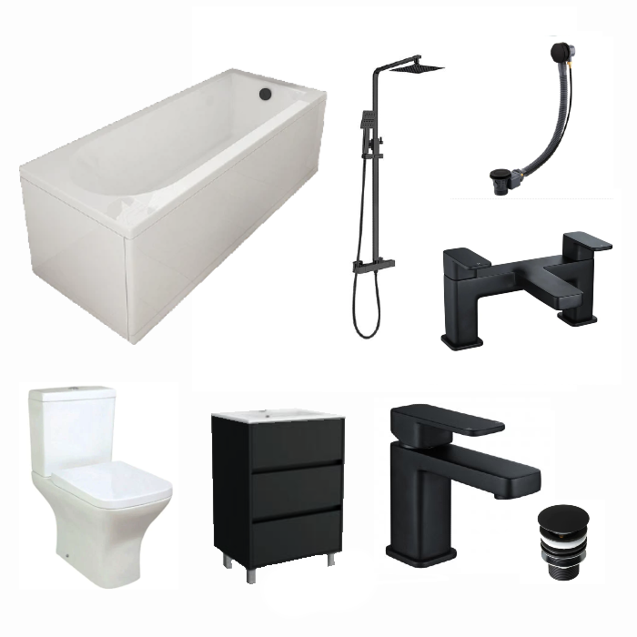 Optim Noir 1700 Single Ended Bath Square Bathroom Suite - Matt Black ...