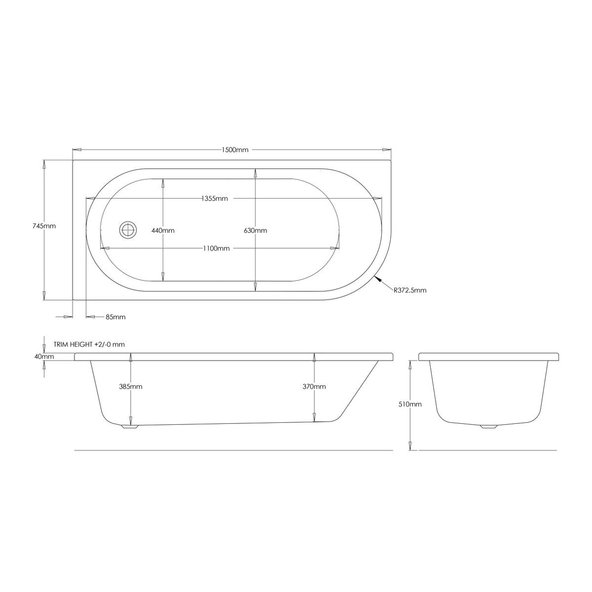 Trojan J Shape Single Ended Reinforced Bath 1500 x 750mm RH — Wise ...